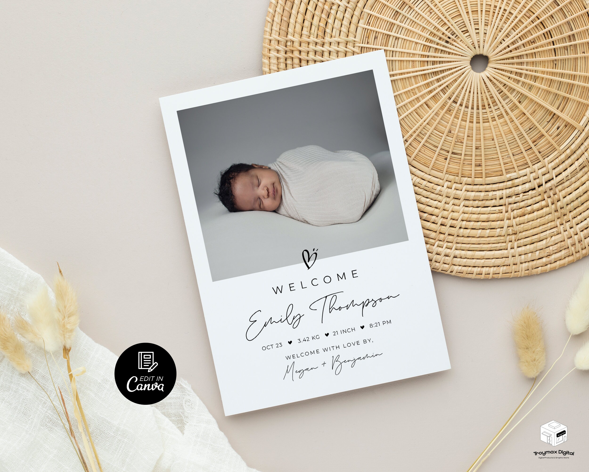 Printable Birth Stats Card, Newborn Baby Announcement, Simple Boho ...