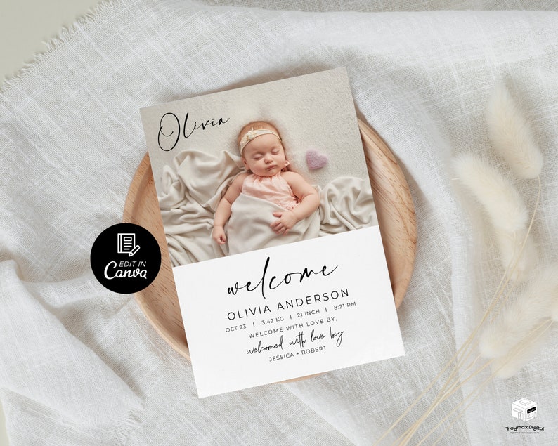 Welcome Newborn Baby Announcement, Editable Photo Birth Card Canva ...