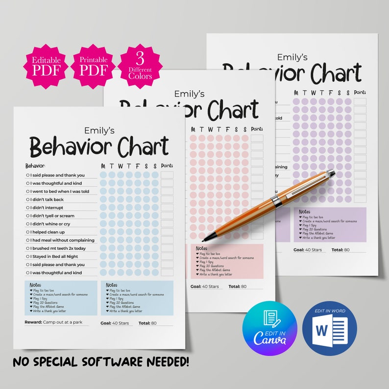 Editable Behavior Chart for Kids, Good Behavior Tracking, Printable ...