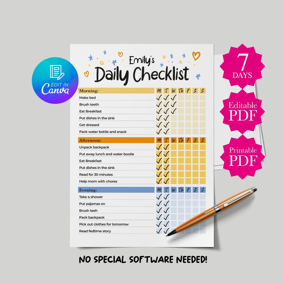 Editable Daily Checklist for Kids, Printable, Responsibility Chart for ...