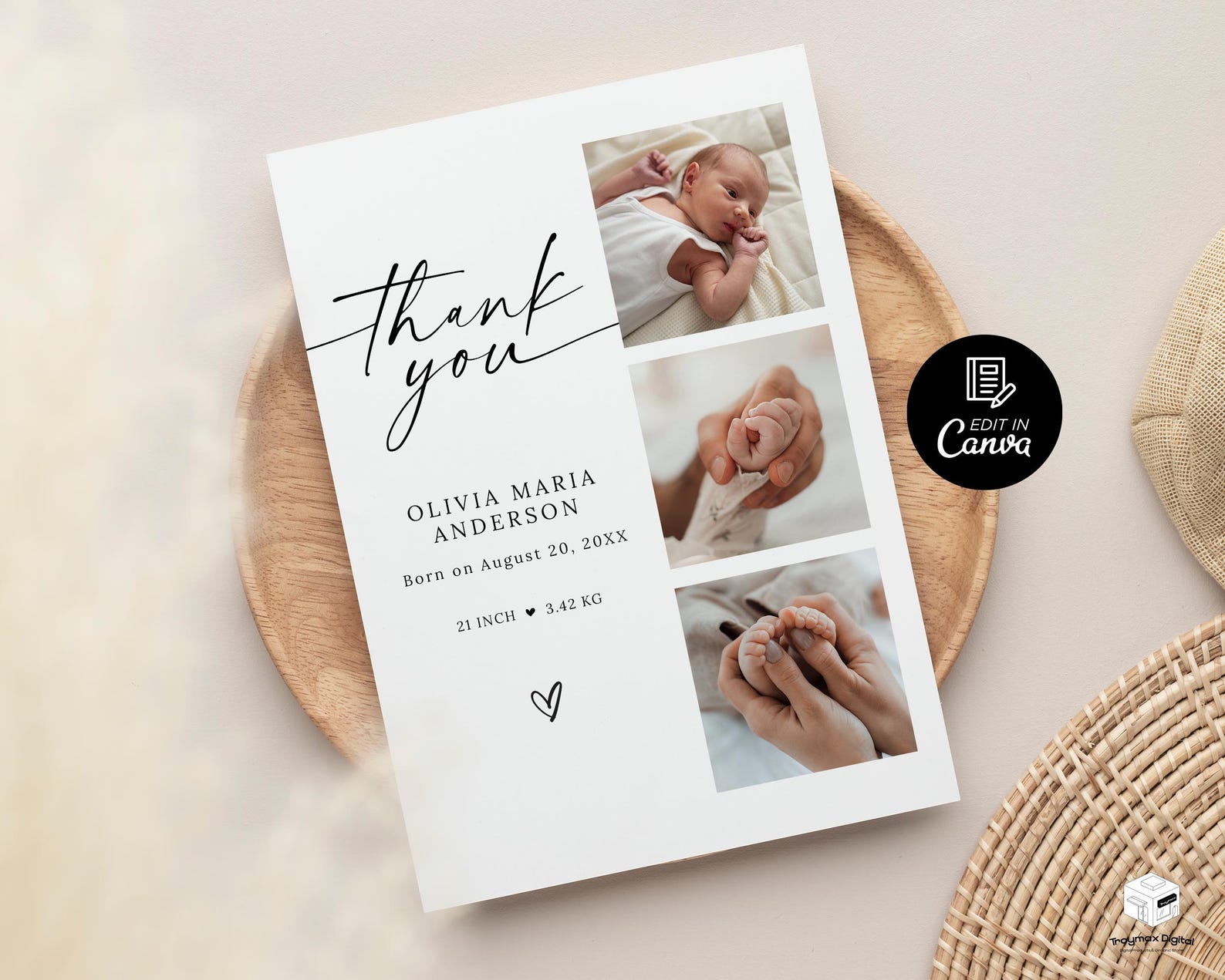 Photo Thank You Card for Newborn Baby With Name, Birth Card ...
