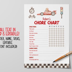 Editable Daily Chore Chart, Cute Racing Car Theme Behavior Chart for ...