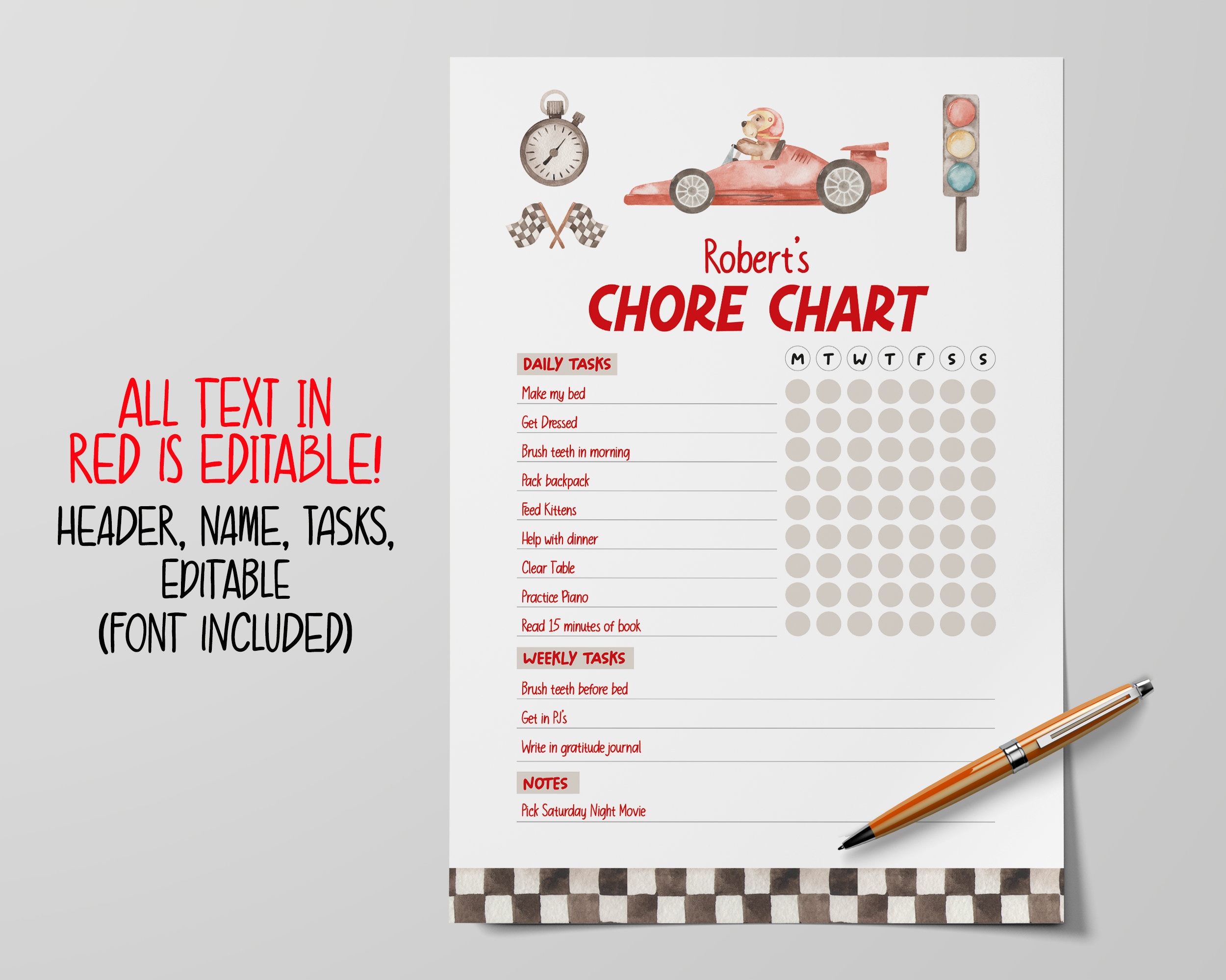 Editable Daily Chore Chart, Cute Racing Car Theme Behavior Chart for ...