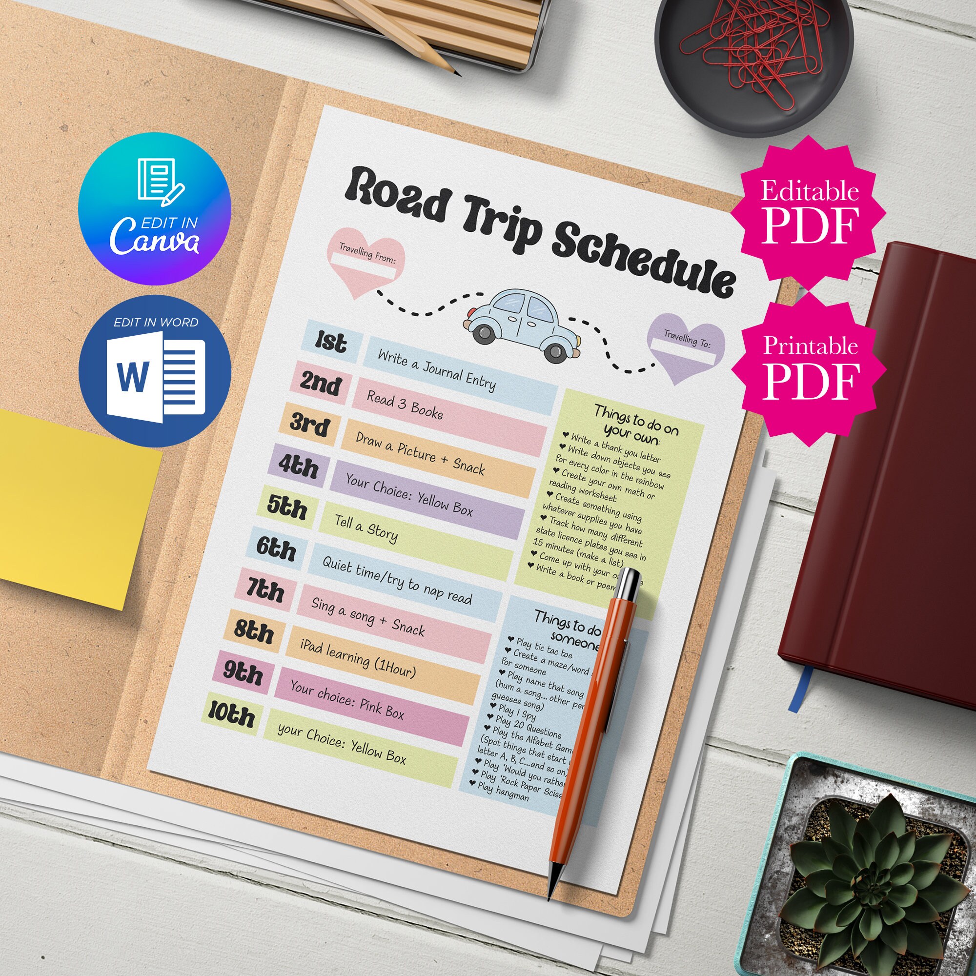 Road Trip Schedule, Road Trip Travel Activities for Kids, Editable Road ...