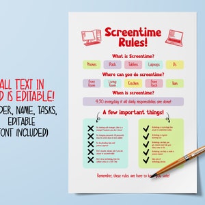 Screen Time Rules, Editable Screen Time Chart for Kids, Daily Screen ...