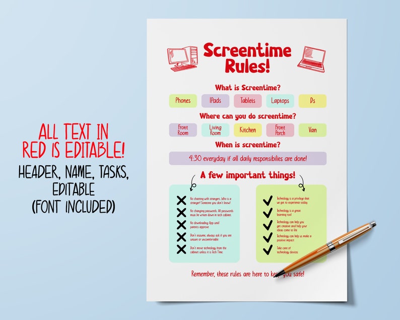 Screen Time Rules, Editable Screen Time Chart for Kids, Daily Screen ...