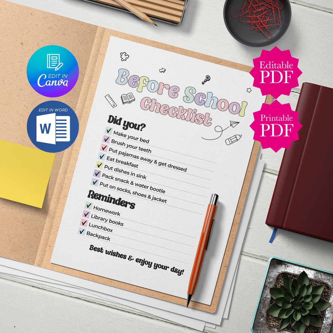 Editable Schoolday Checklist for Kids, Daily Routine, Before School ...