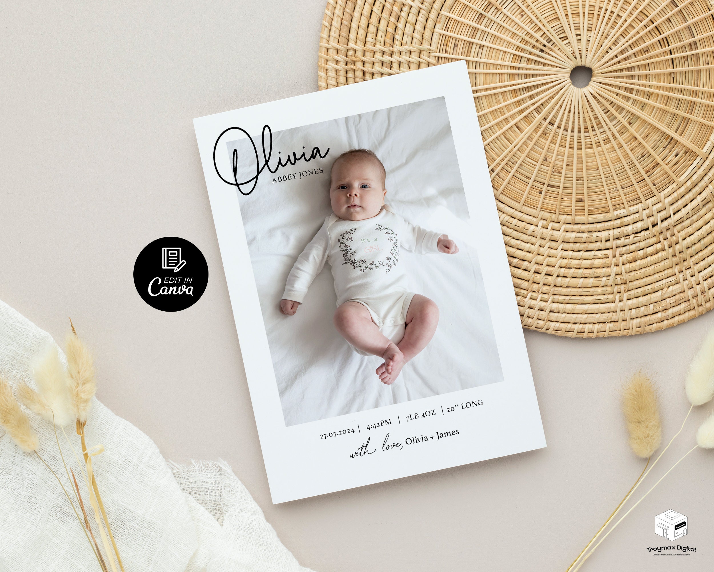 Editable Photo Birth Card Canva Template, Printable Birth Stats Card ...