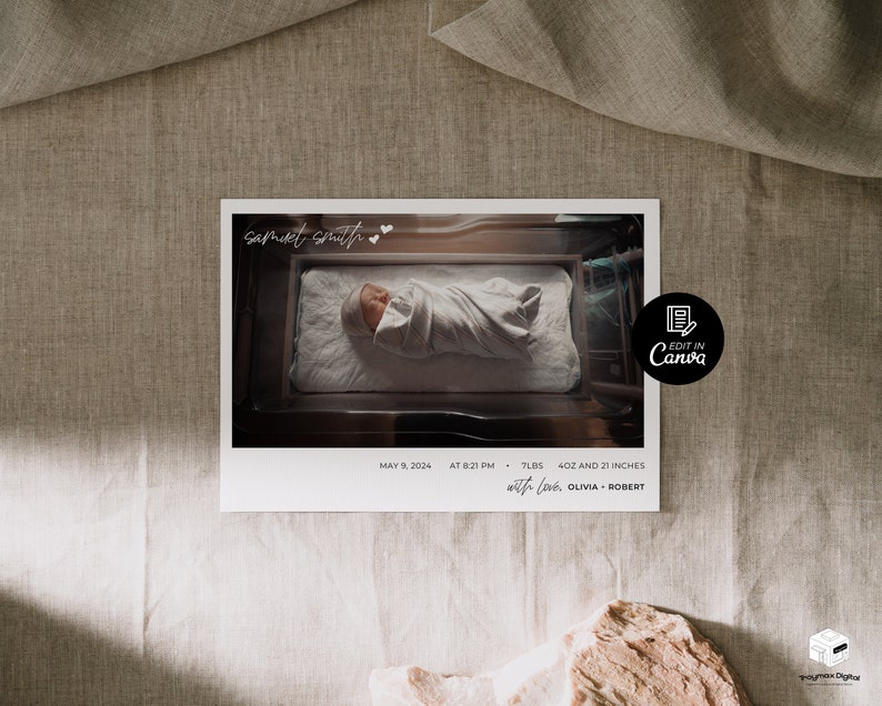 Printable Photo Birth Card, Birth Statistics Card, Newborn Announcement ...