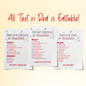 Editable Schoolday Checklist for Kids, Daily Routine, Before School ...