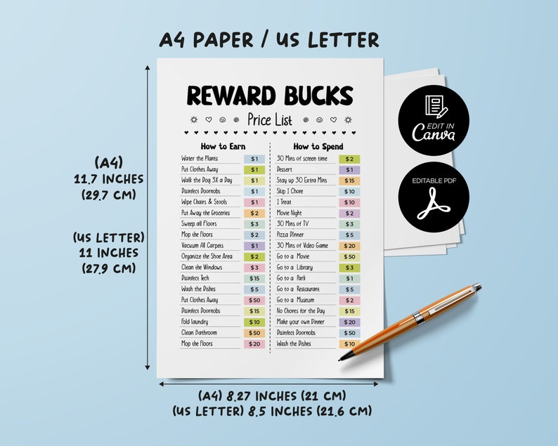 Editable Kids Reward Bucks Chart, Editable Kids Reward Bucks Earn Money ...