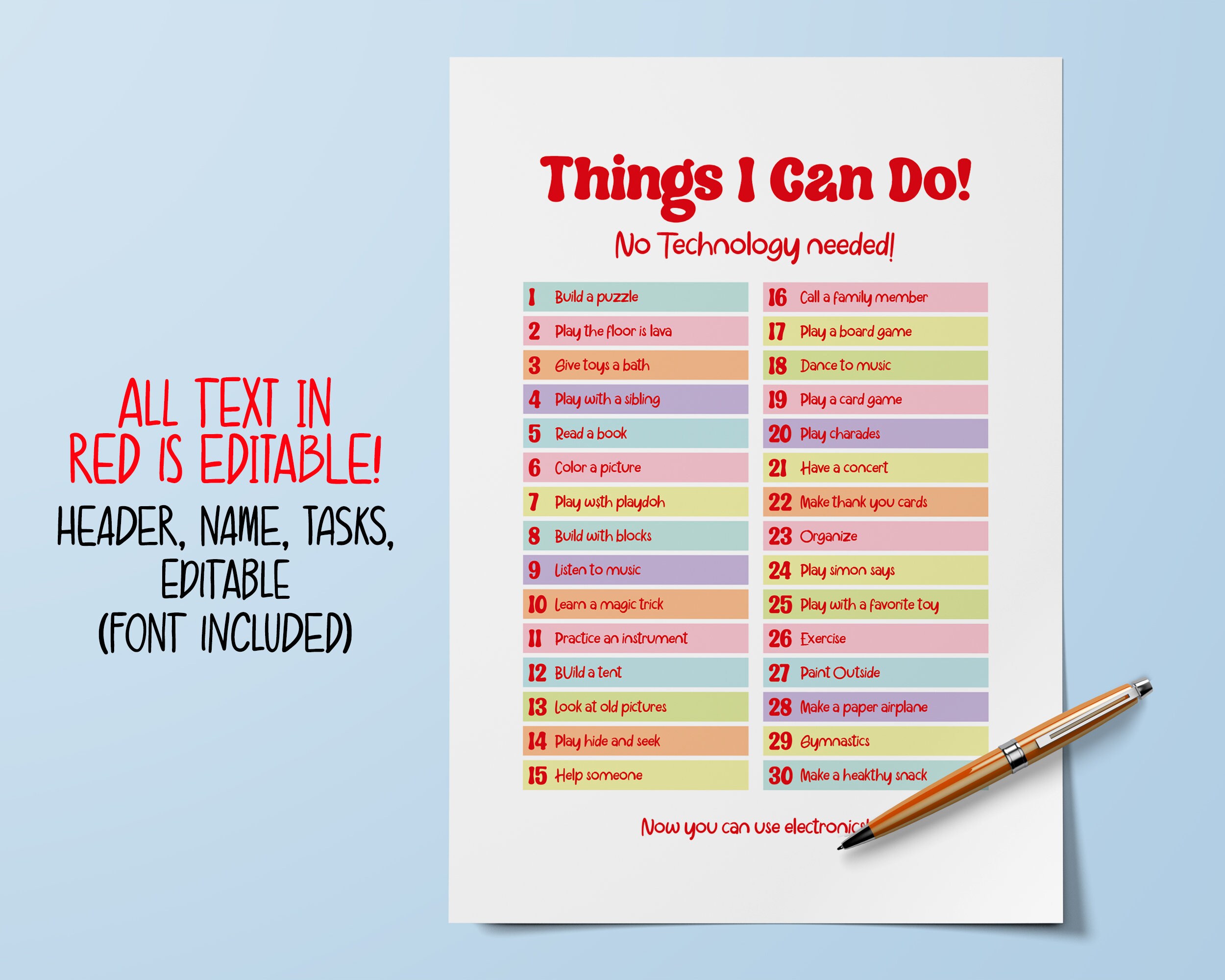 Play Inspiration Chart for Kids, Kids Daily Schedule Idea Editable ...