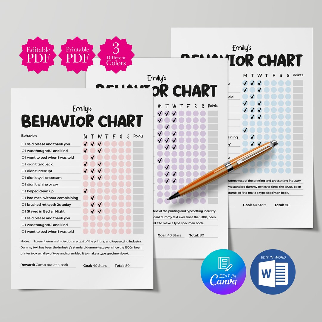 Editable Behavior Reward Chart for Kids Good Behavior - Etsy Canada