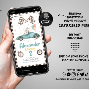 Editable Birthday Invitation for Kids, Car Driver Elephant Printable ...