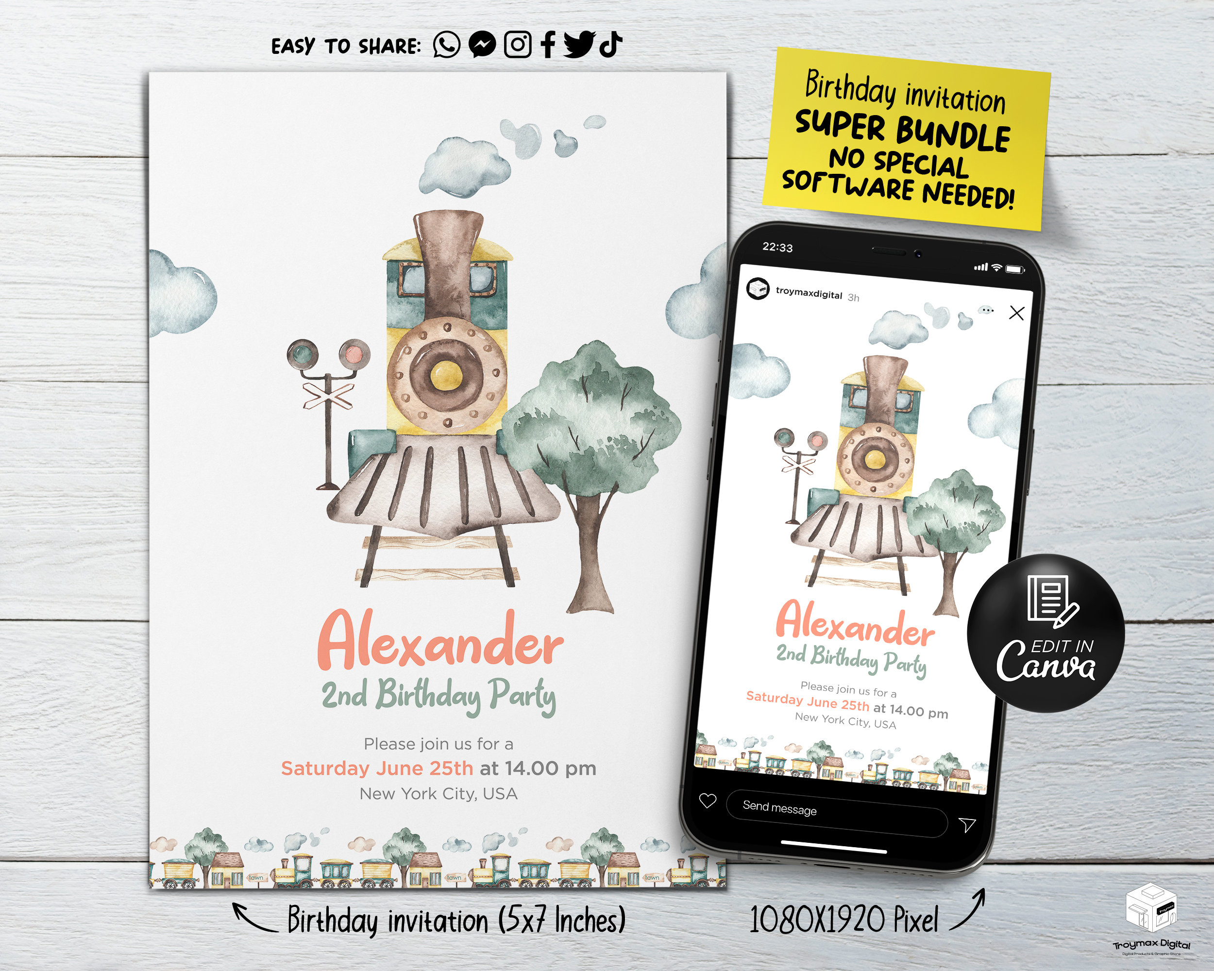 Train Themed Birthday Party Invitation Template for Kids, Editable ...