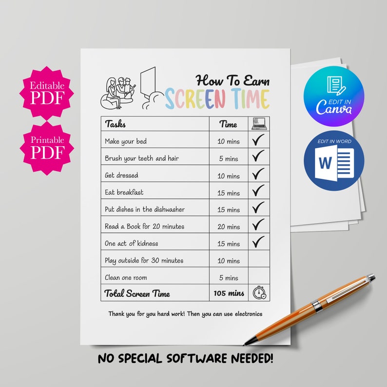 Screen Time Chart Checklist Editable, Daily Screen Time Schedule ...