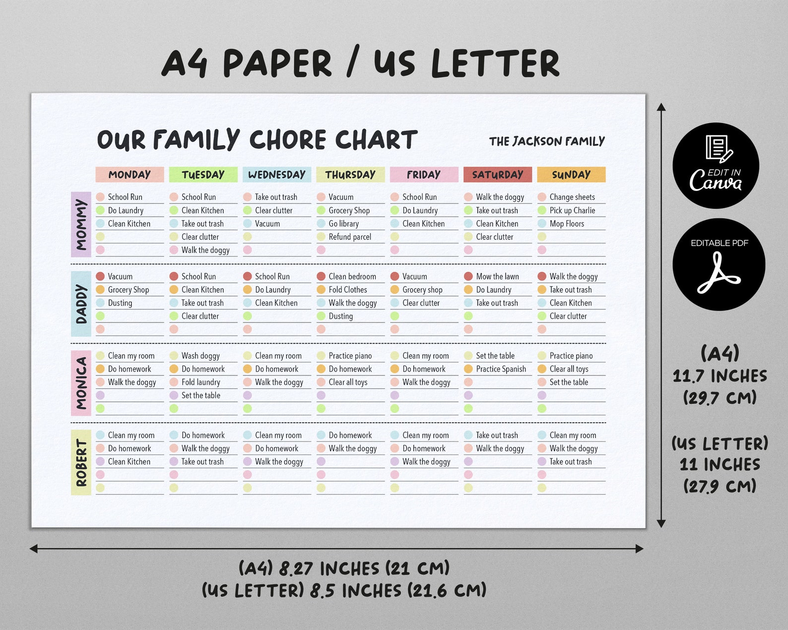 Family Chore Chart Printable, Editable Family Planner, Household Kid ...