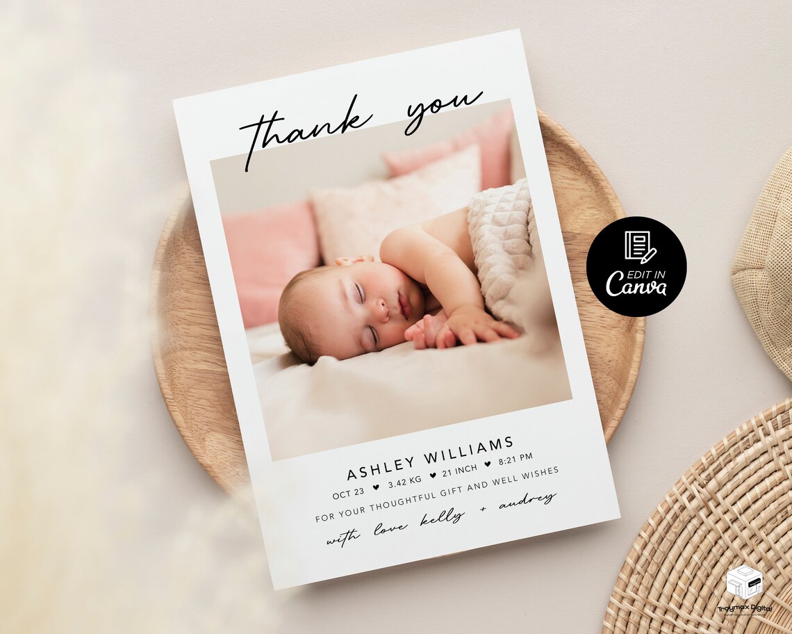 Photo Thank You Card for Newborn Baby With Name, Baby Thank You Card ...