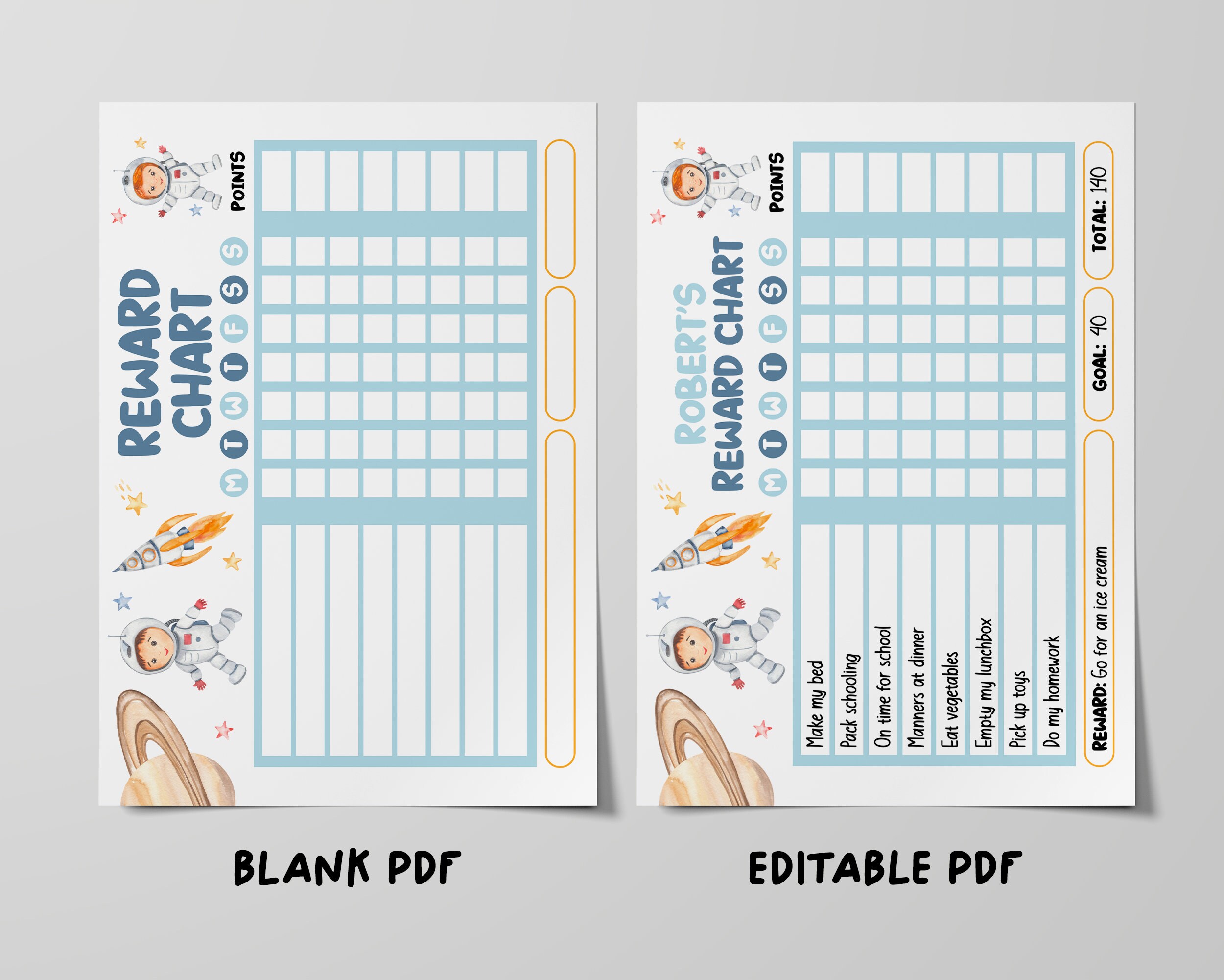 Editable Space Kids Reward Chart, Printable Chore Chart for Kids, Good ...