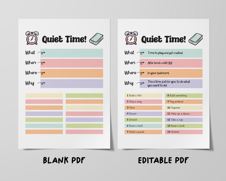 Quiet Time Chart for Kids, Daily Schedule Idea, Editable Daily ...