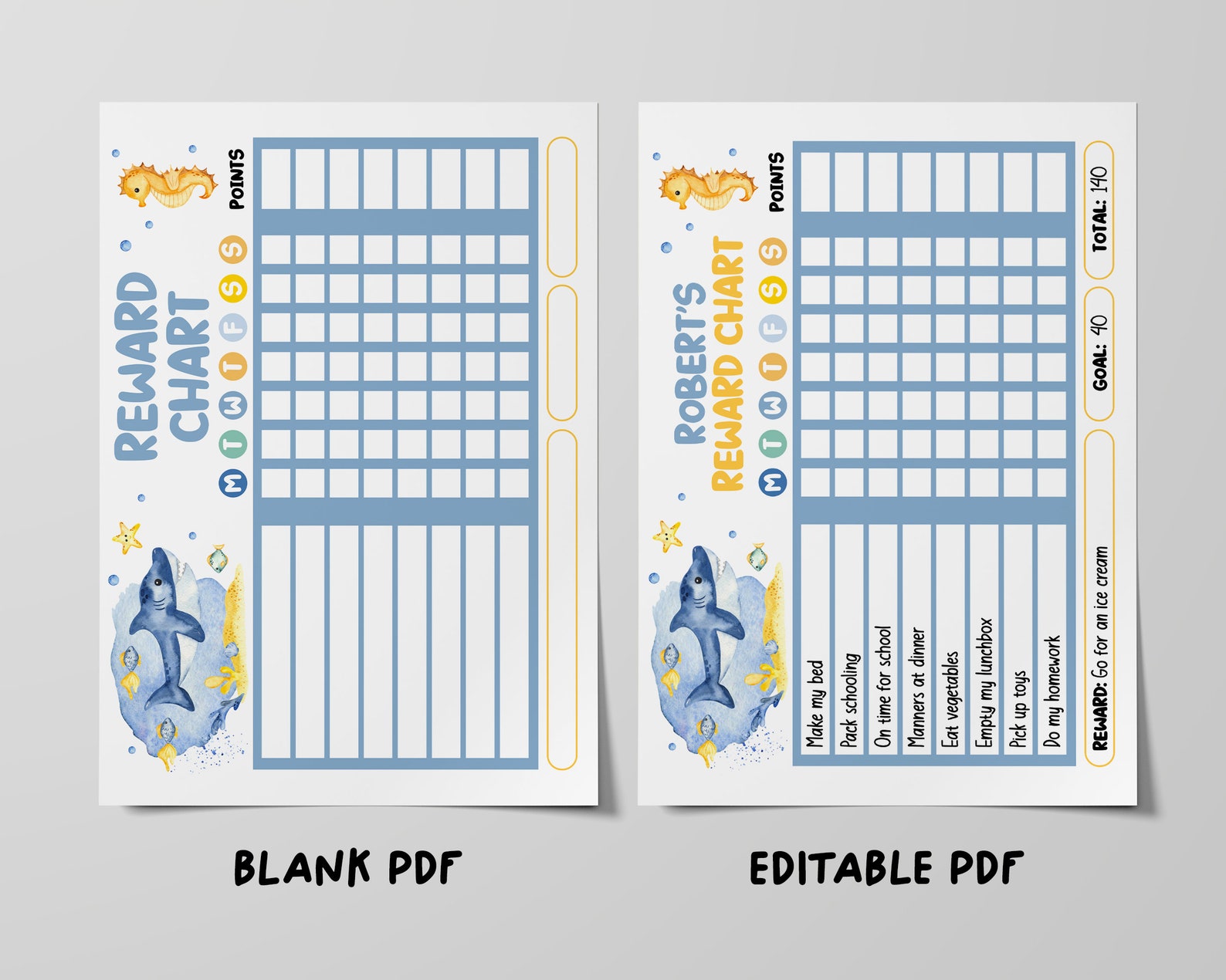 Editable Shark Reward Chart, Printable Chore Chart for Kids, Good ...