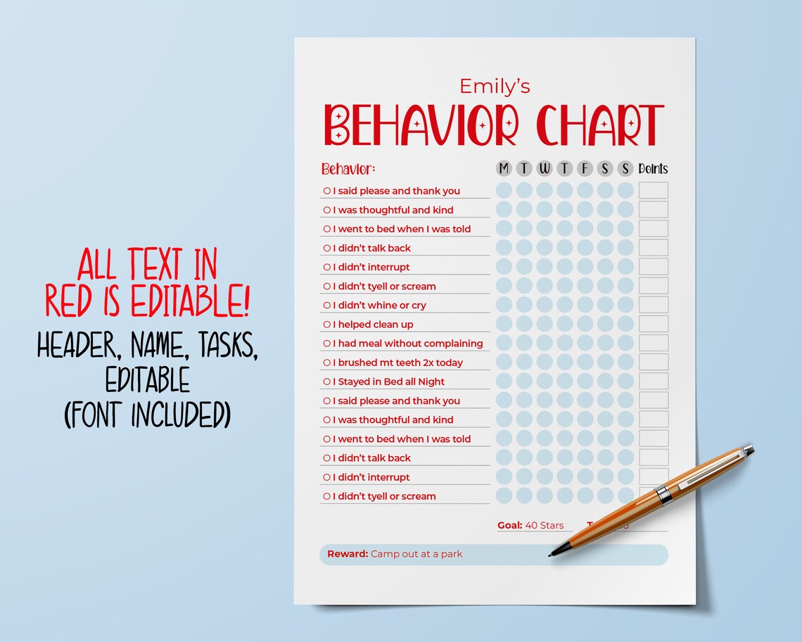 Editable Behavior Reward Chart for Kids, Good Behavior Tracking ...
