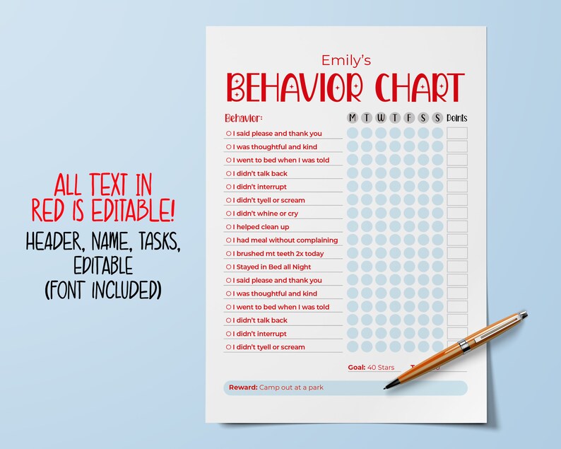 Editable Behavior Reward Chart for Kids, Good Behavior Tracking ...