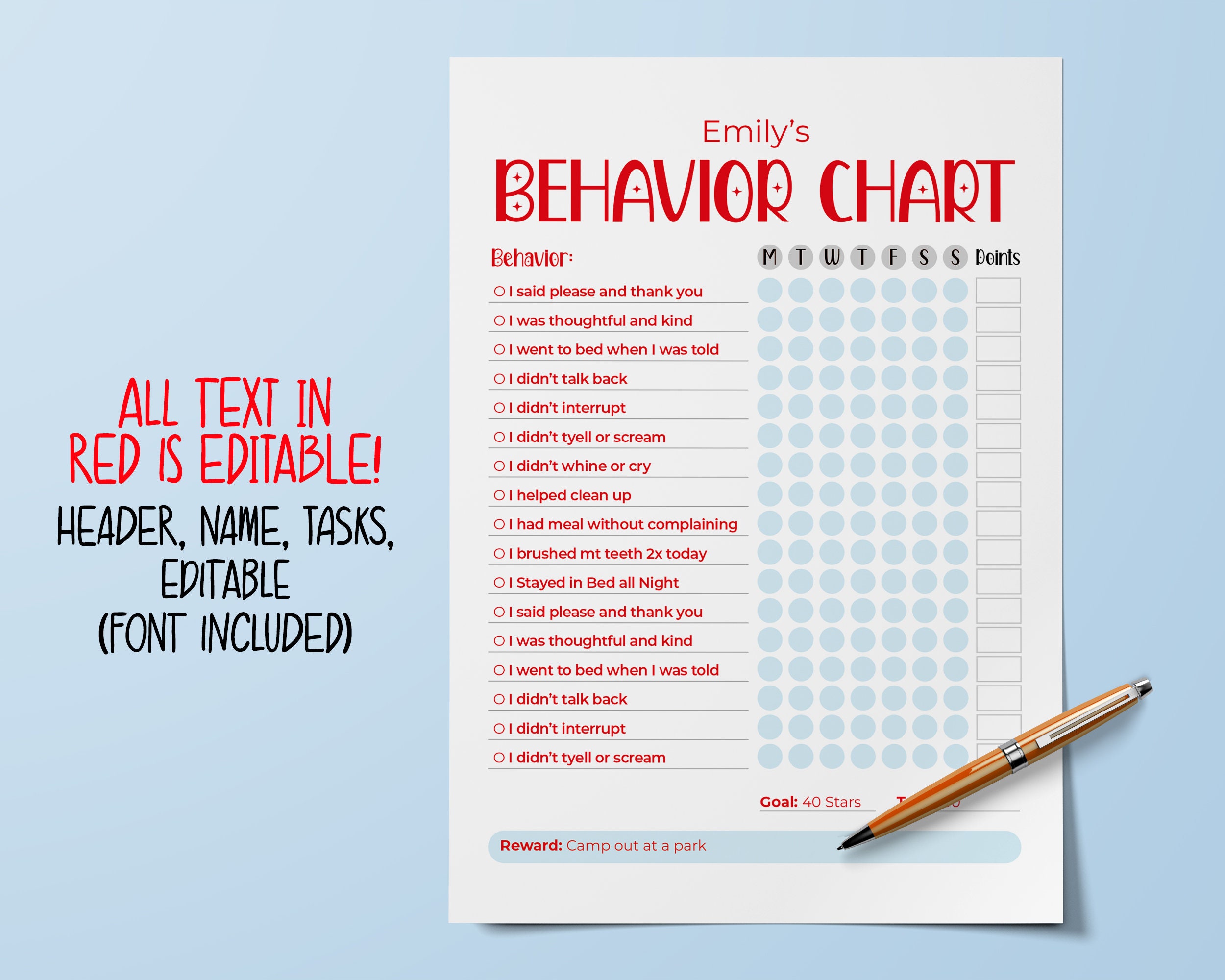 Editable Behavior Reward Chart for Kids, Good Behavior Tracking ...