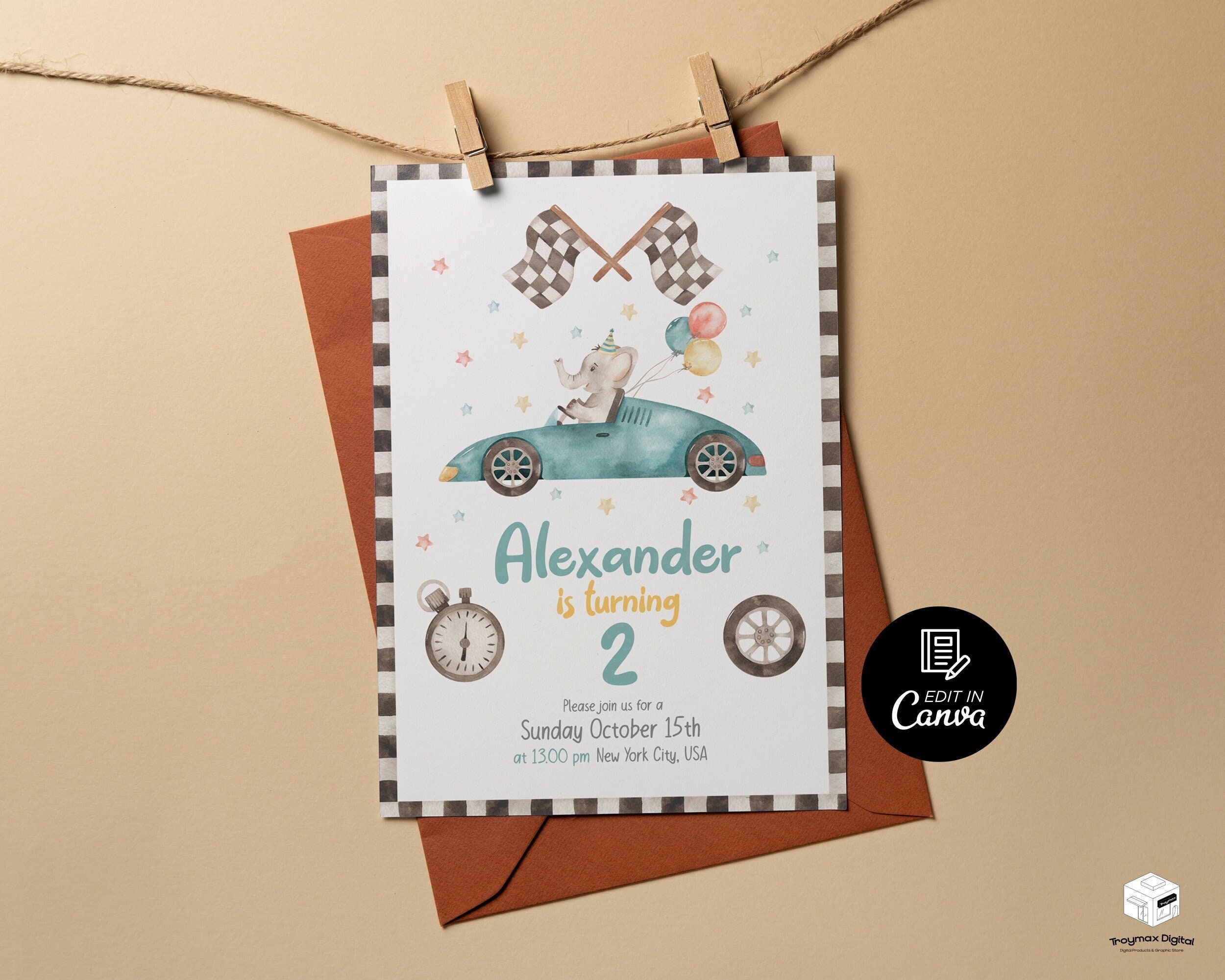 Editable Birthday Invitation for Kids, Car Driver Elephant Printable ...
