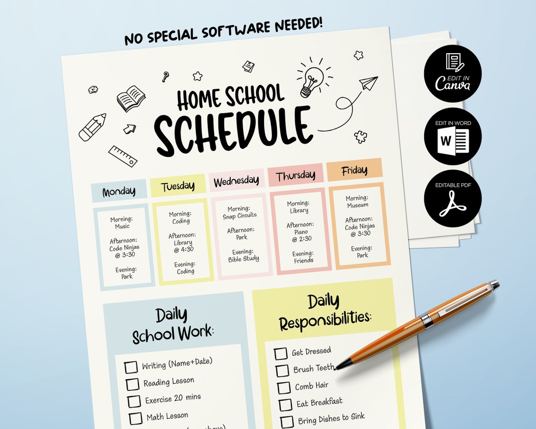 Homeschool Schedule, Chart for Kids Editable, Printable Daily Planner ...