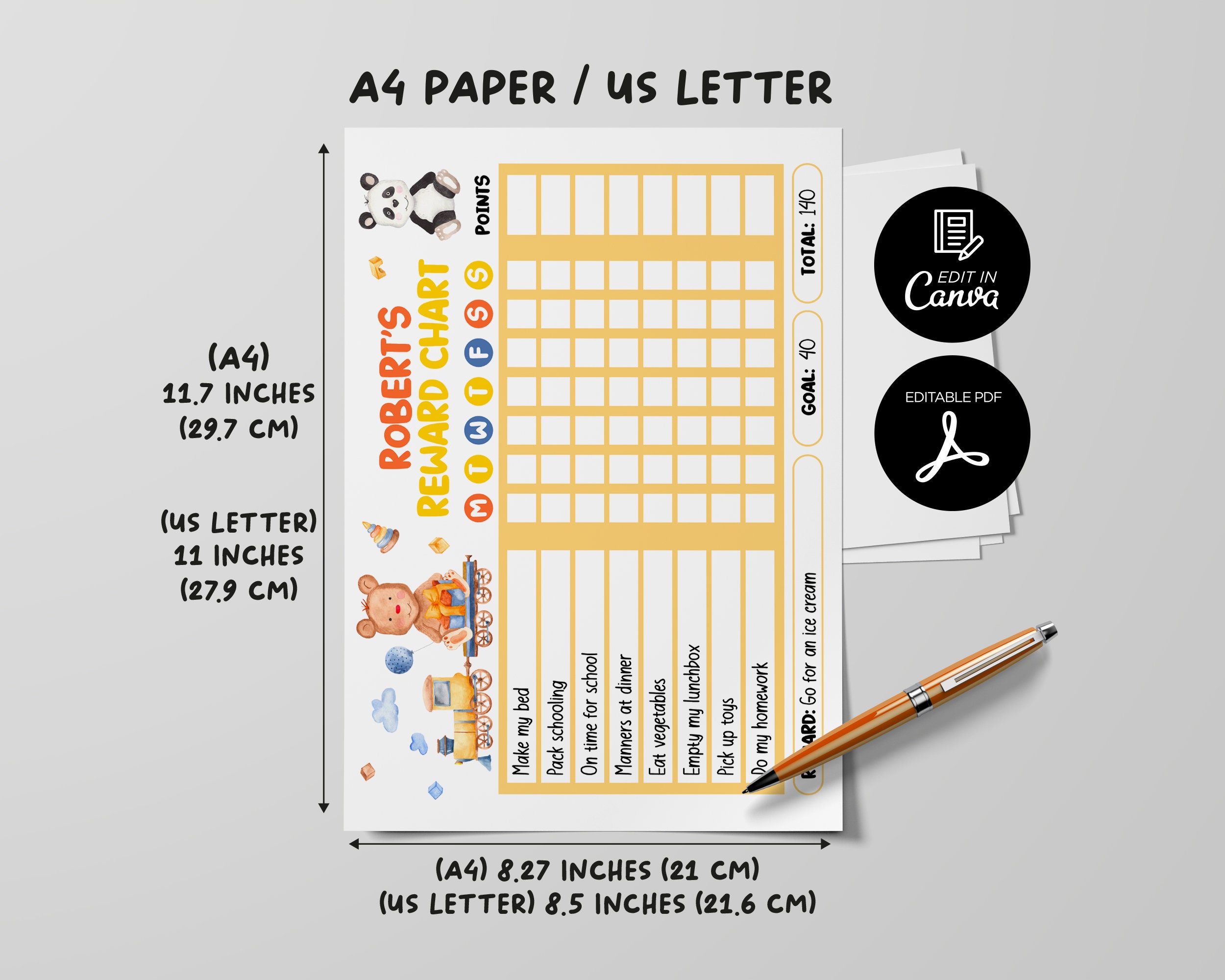 Editable Teddy Bear Reward Chart Printable Chore Chart for - Etsy