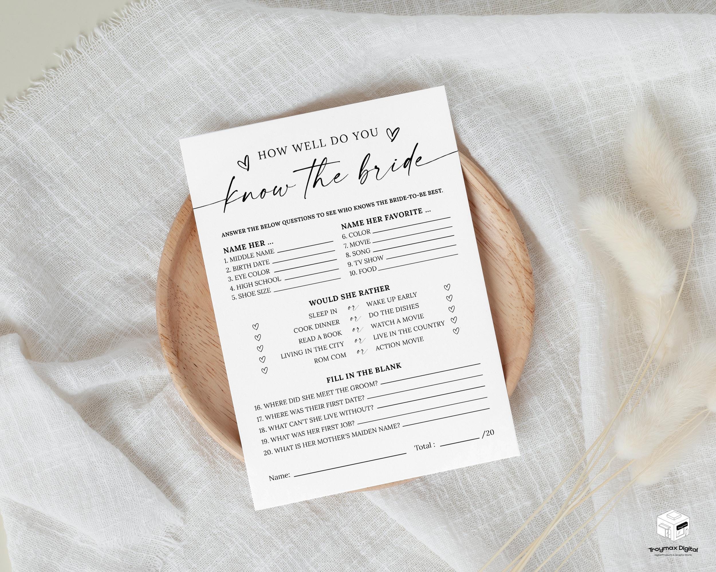 How Well Do You Know the Bride Game, Minimalist Wedding Shower Bride ...