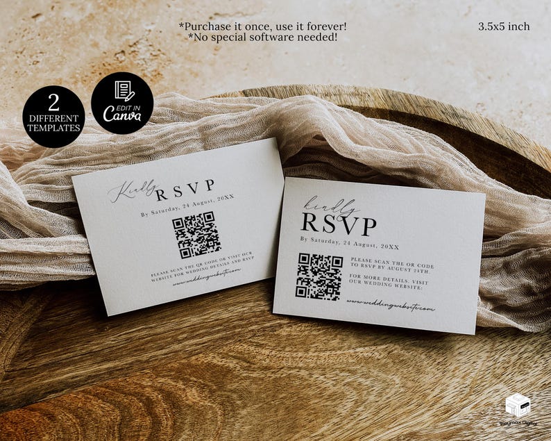 QR Code RSVP Card Set, Online Response Cards, Editable Printable ...