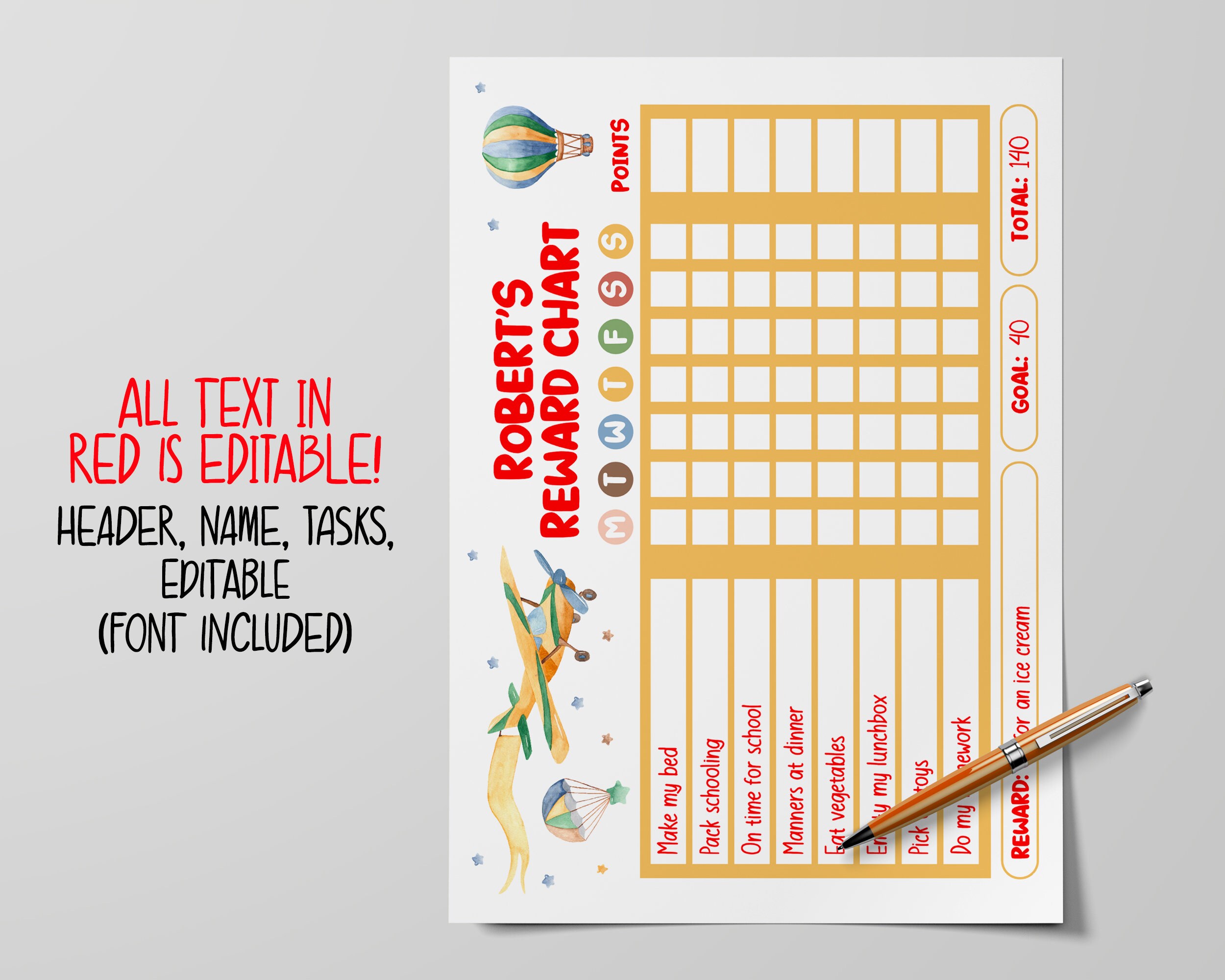 Editable Plane Reward Chart, Printable Chore Chart for Kids, Rainbow ...