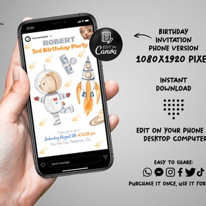 Editable Birthday Card&phone Canva Template, Space Adventure Kids and ...