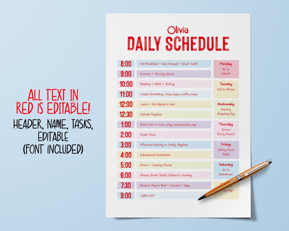 Editable Daily Schedule for Kids, Printable Daily Planner for Kids ...