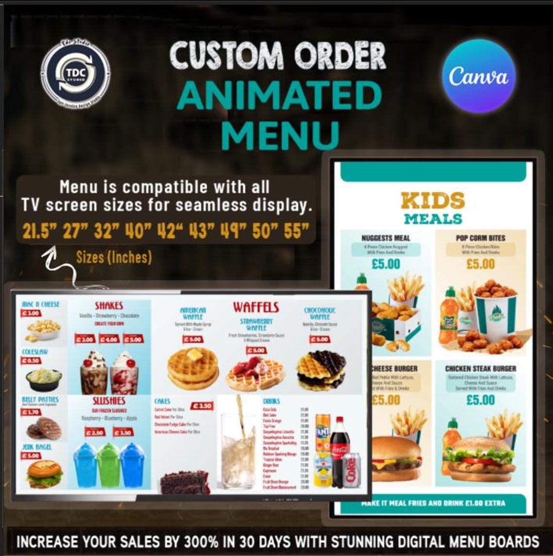 4 Animated Digital Menu Boards for TV Screens Editable Canva Templates ...