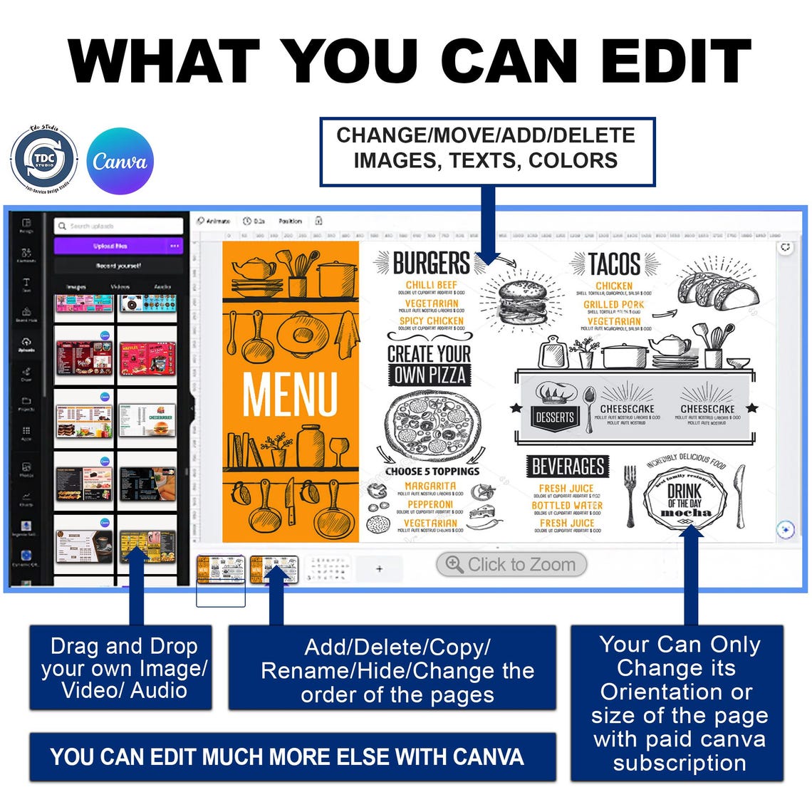 4 Animated Digital Menu Boards for TV Screens Editable Canva Templates ...