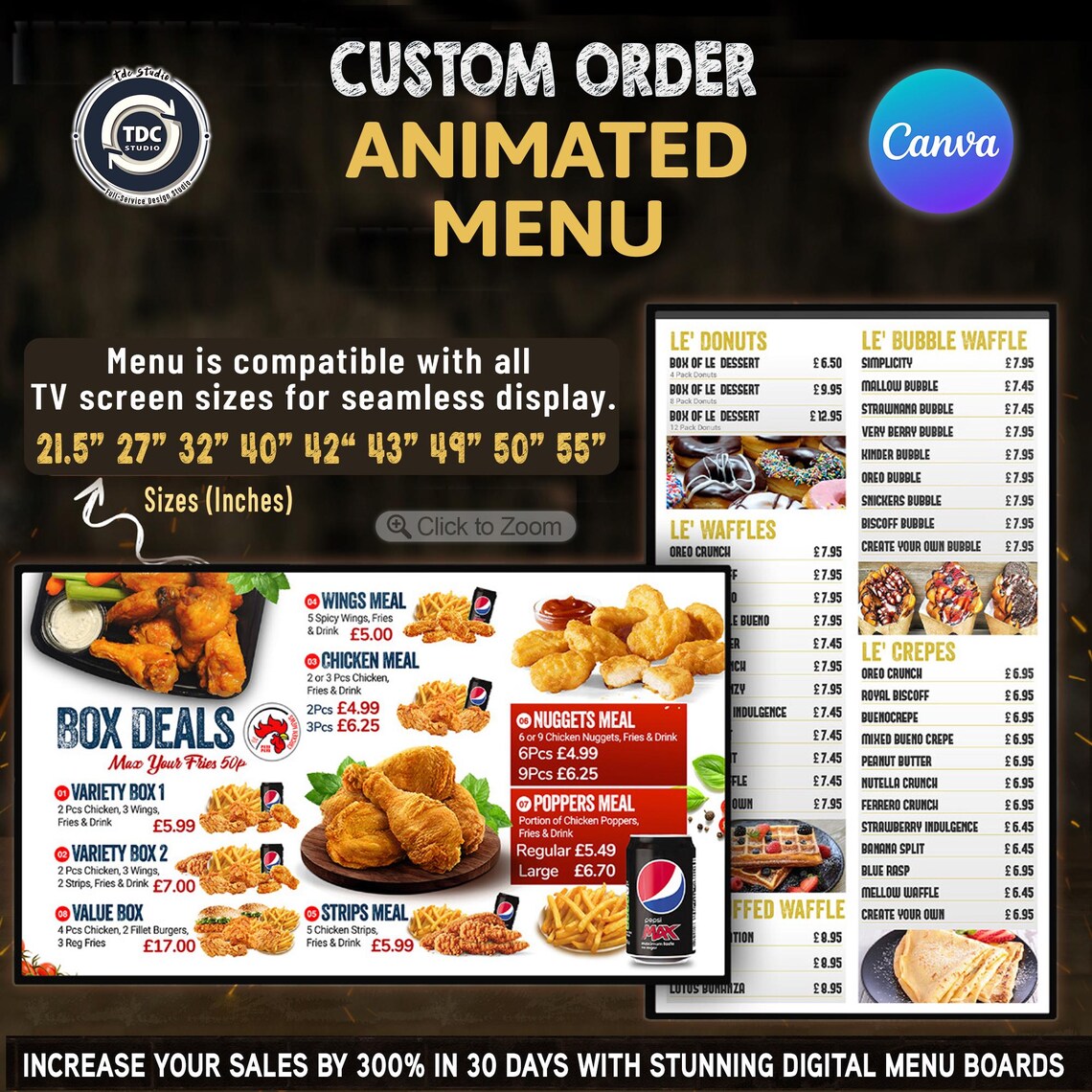 Custom Order Animated Digital TV Menu Board Editable Canva Templates ...