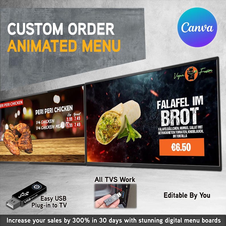 4 Animated Digital Menu Boards for TV Screens Editable Canva Templates ...