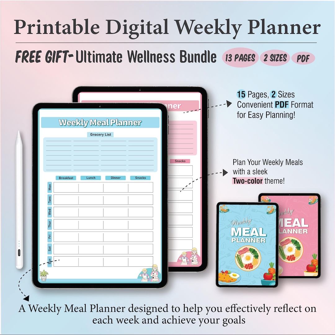 Digital Weekly Meal Planner Bundle Printable Meal and Grocery Tracker ...