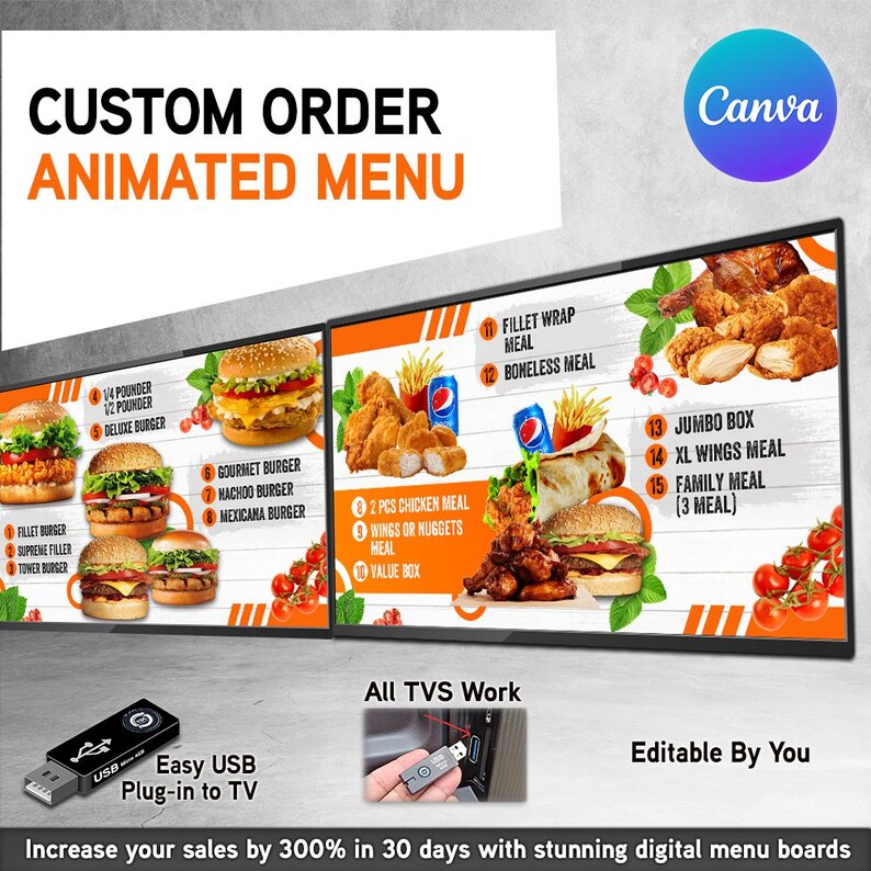 4 Animated Digital Menu Boards for TV Screens Editable Canva Templates ...