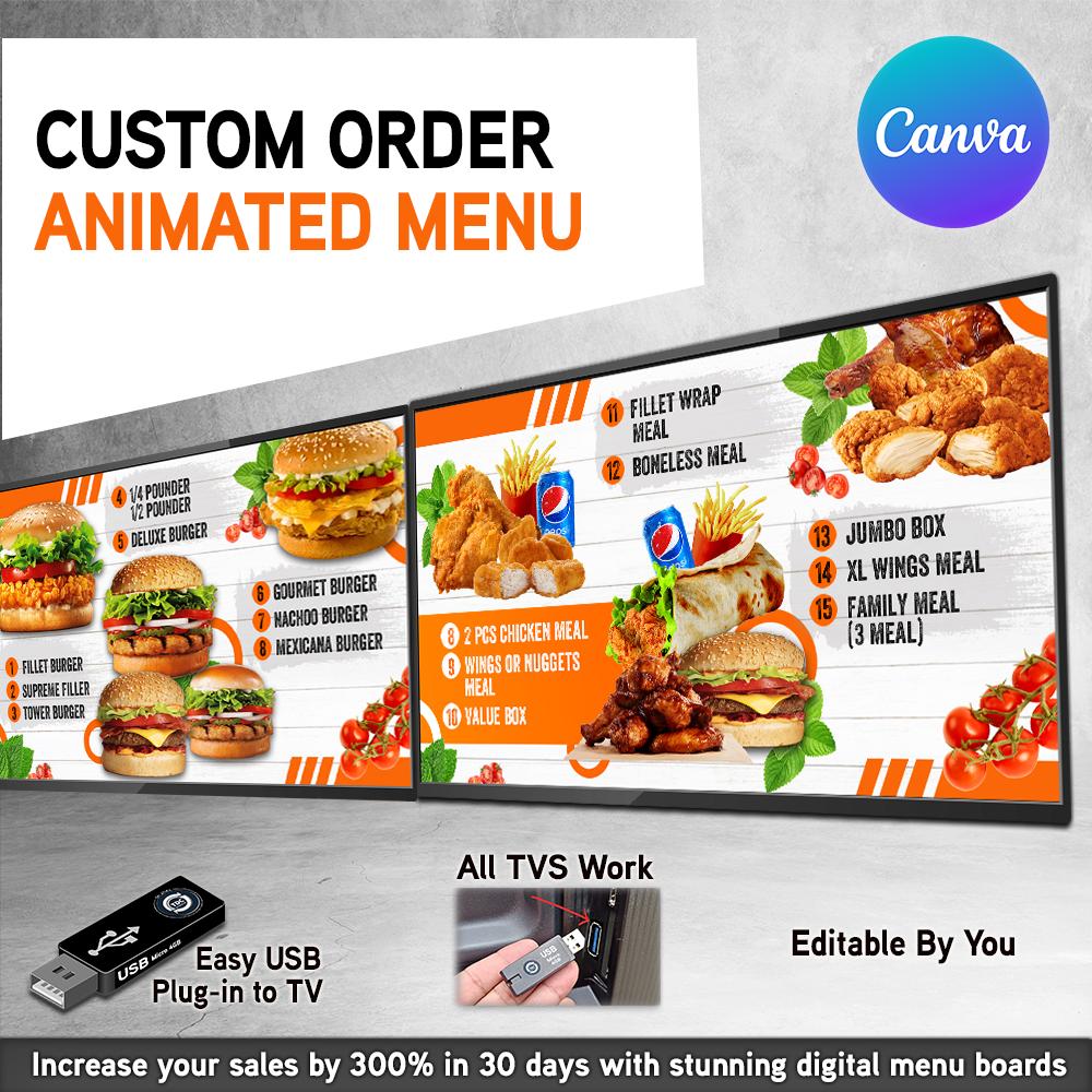 4 Animated Digital Menu Boards for TV Screens Editable Canva Templates ...