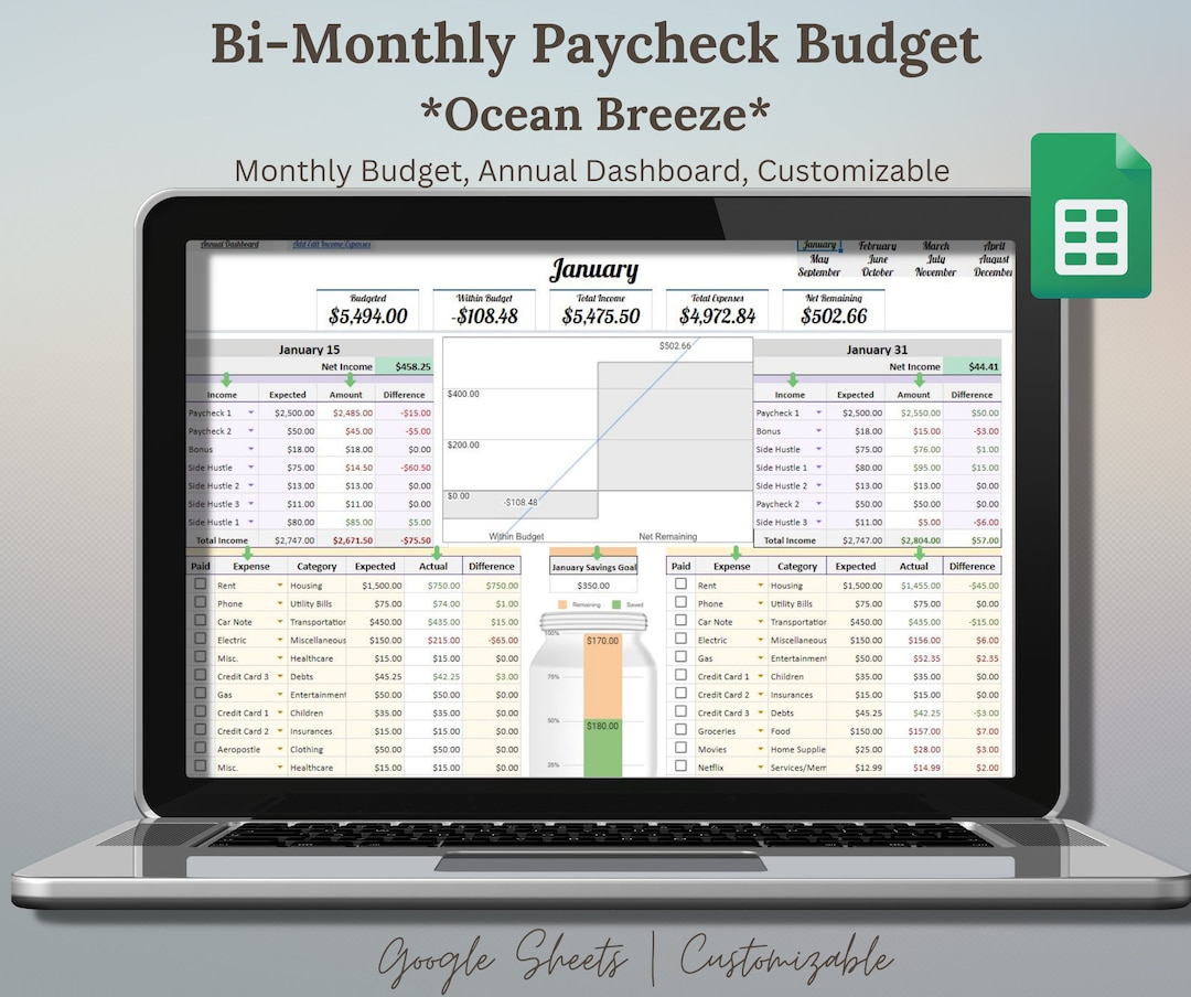 Bi-monthly Paycheck Budget *ocean Breeze* | Digital Download - Etsy