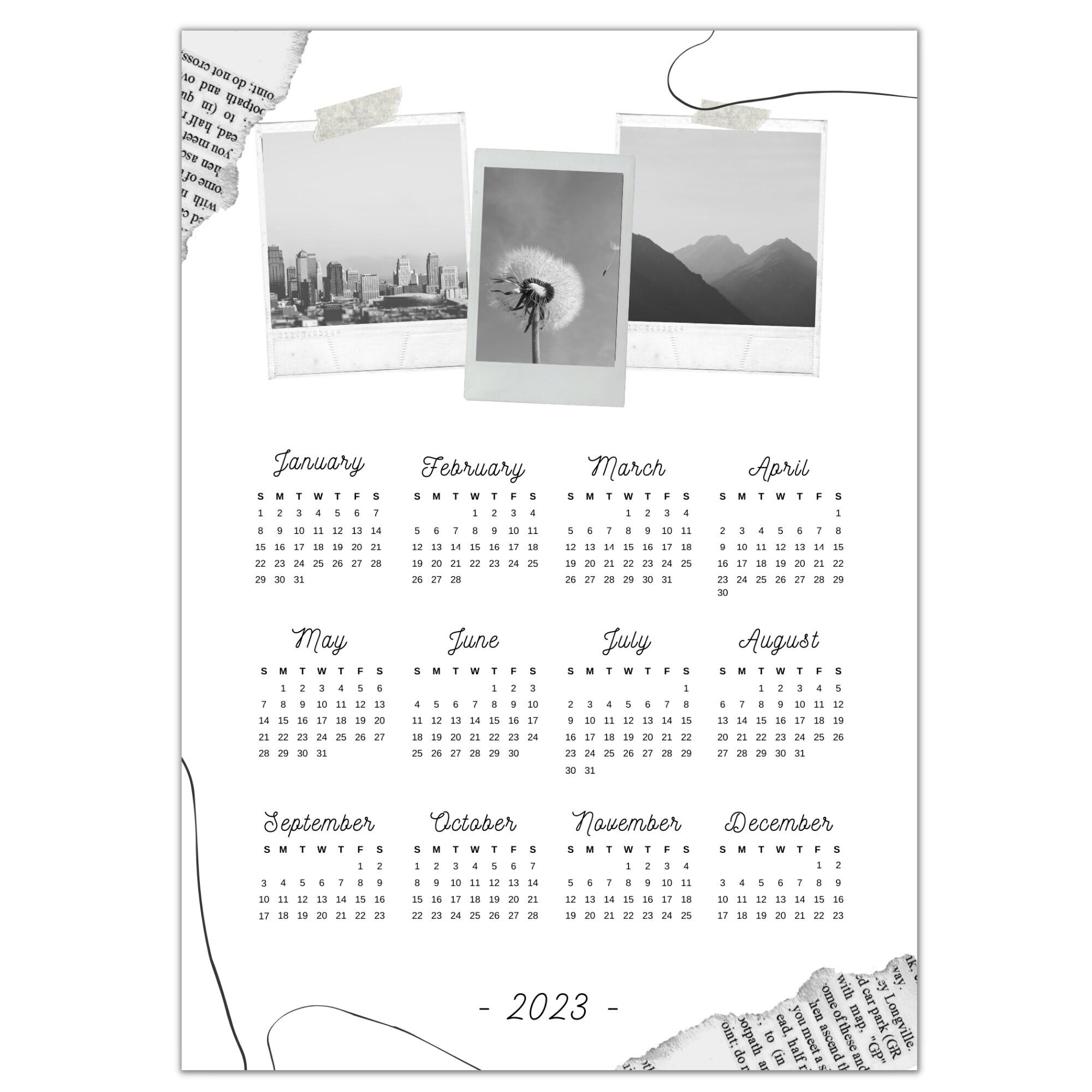 2023 Calendar | Black & White Calendar | 2023 Letter Printable Calendar ...