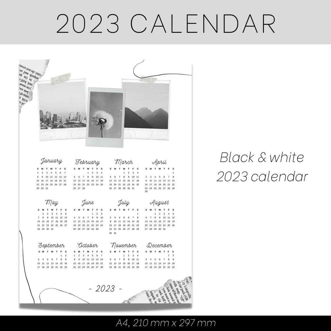 2023 Calendar | Black & White Calendar | 2023 Letter Printable Calendar ...