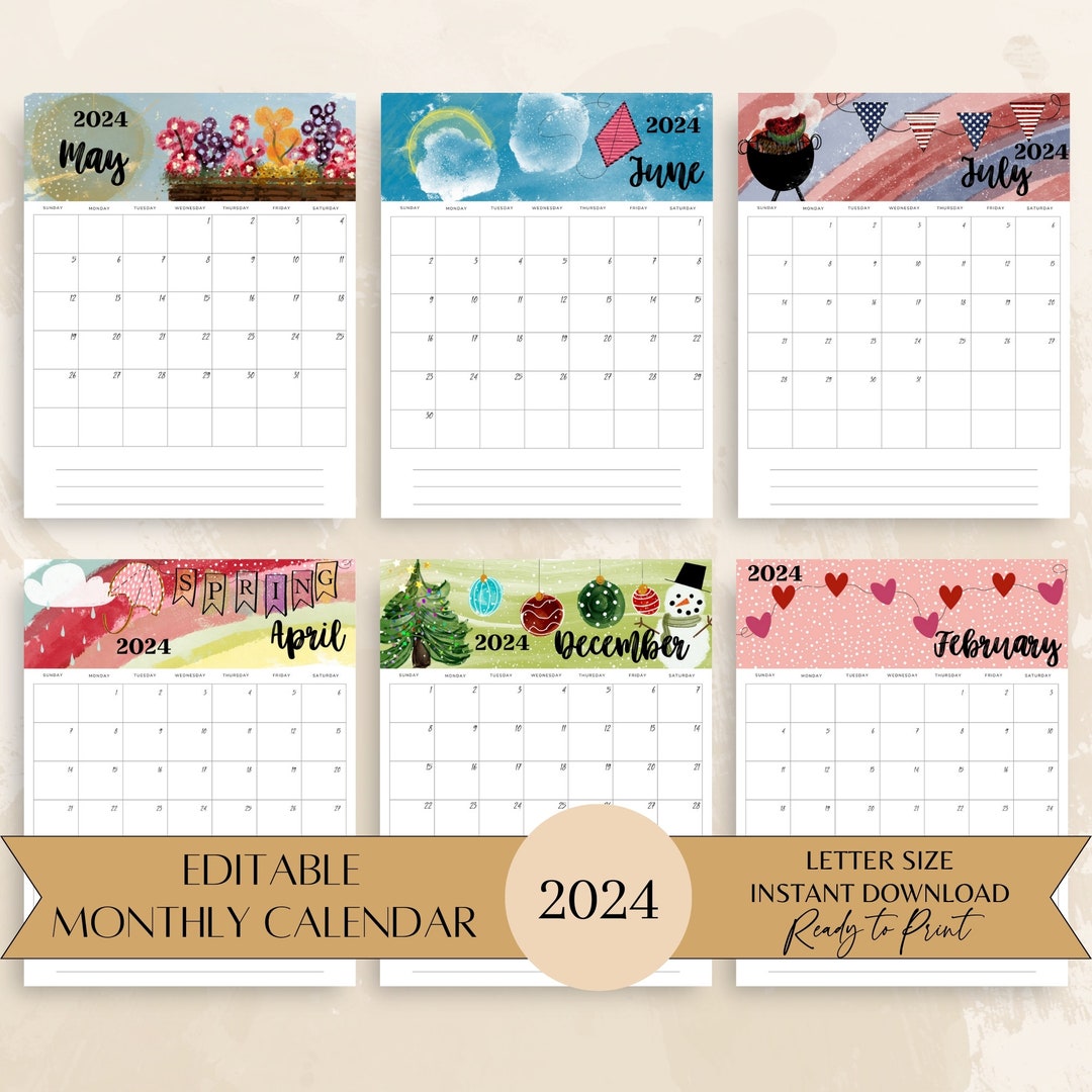 EDITABLE Monthly 2024 Dated Printable Calendar Download Planner ...