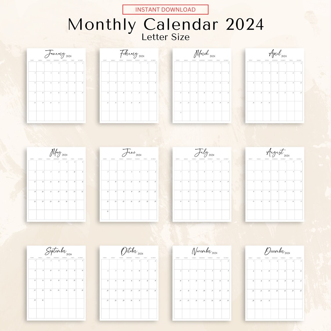 EDITABLE Monthly 2024 Printable Calendar Vertical Planner Calendar ...