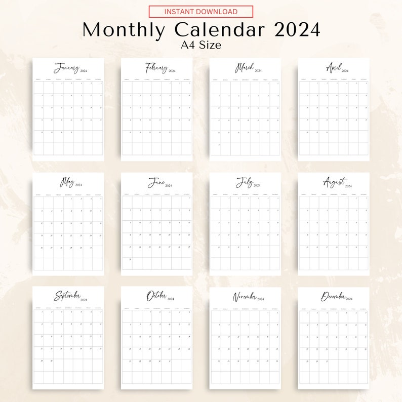 EDITABLE Monthly 2024 Printable Calendar Vertical Planner Calendar ...