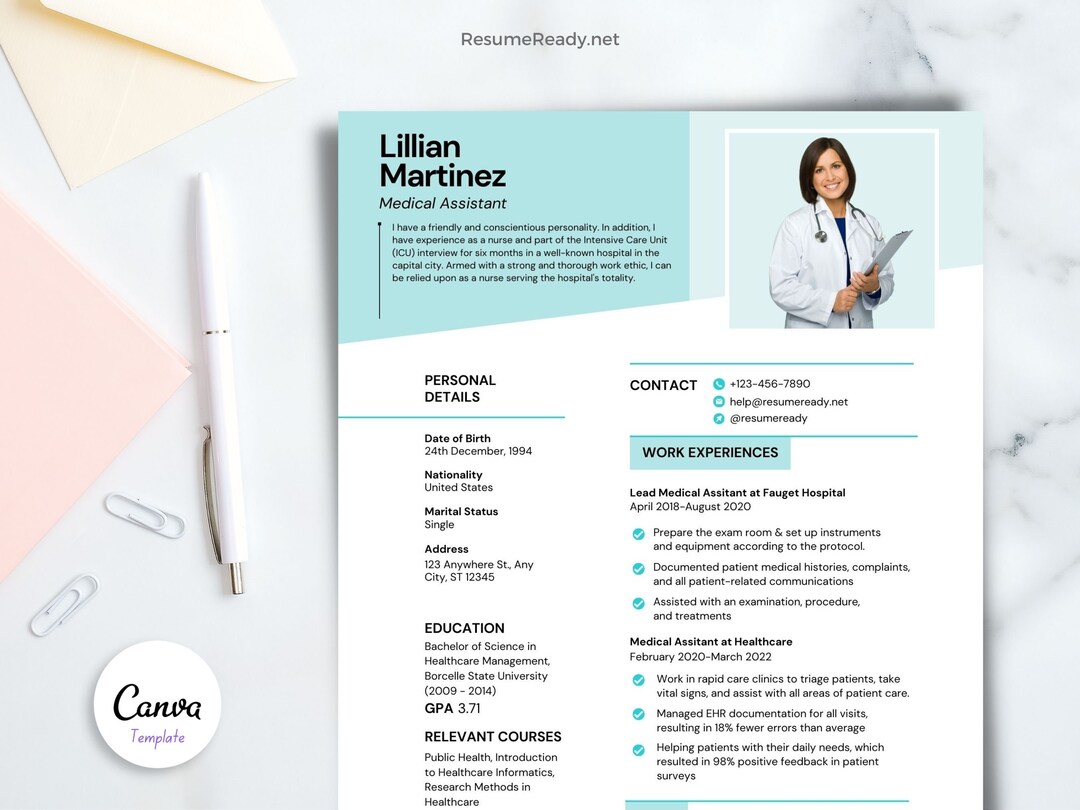 Medical Assistant CV Template 2023 Canva Template Medical - Etsy